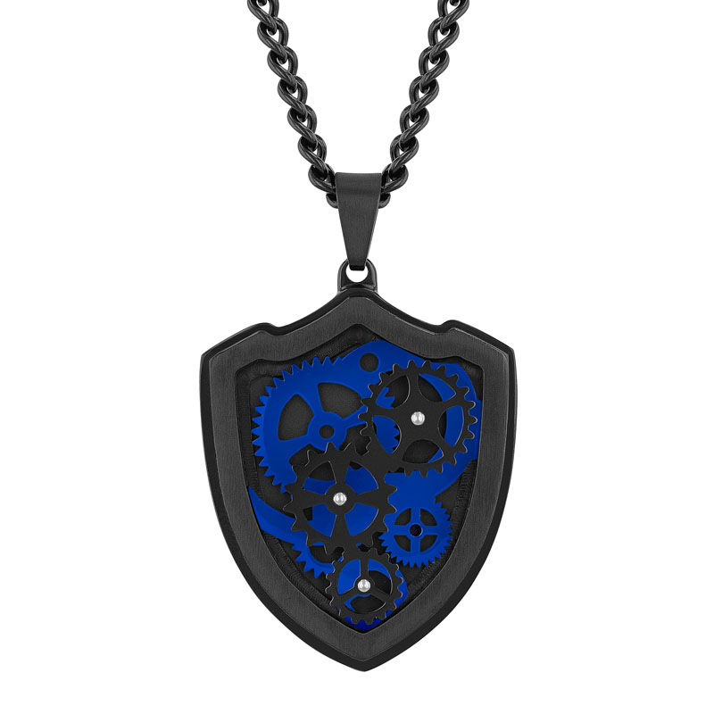 Men's Stainless Steel Black and Blue Gear Shield Pendant - TS15826